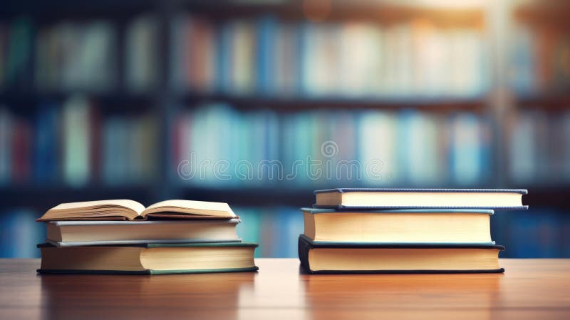 Book Stack on Wood Desk and Blurred Bookshelf in the Library Room AI ...