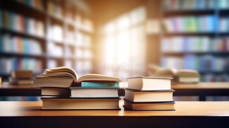 Book Stack on Wood Desk and Blurred Bookshelf in the Library Room ...