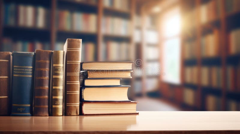 Book Stack on Wood Desk and Blurred Bookshelf in the Library Room ...