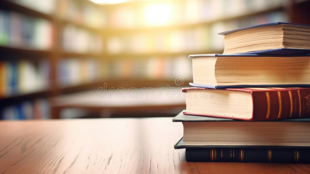 Book Stack on Wood Desk and Blurred Bookshelf in the Library Room ...