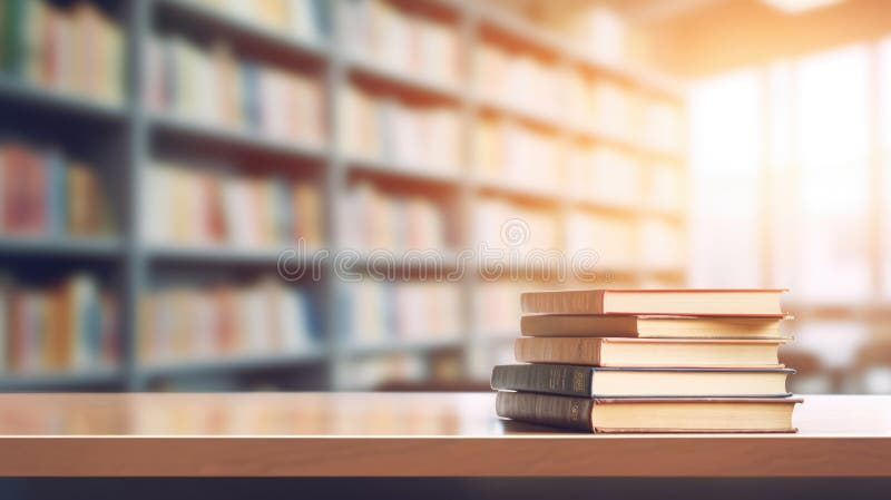 Book Stack on Wood Desk and Blurred Bookshelf in the Library Room ...