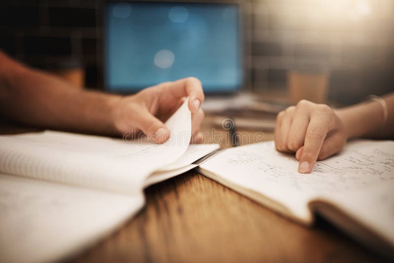 Book, Student and Studying with Tutor, Hands and Reading of Notes for ...