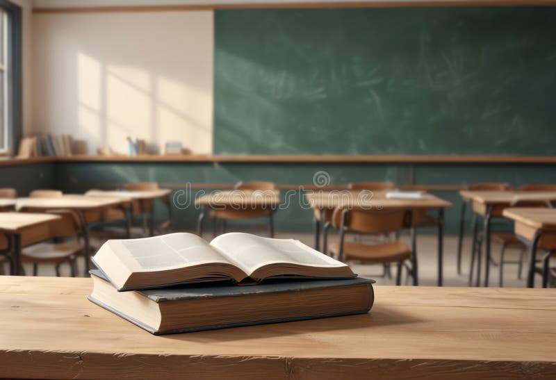 Book on Table with Copy Space with Classroom Background Stock ...