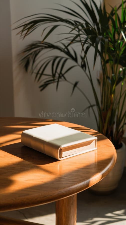 A Book on a Table Next To Potted Plant in Sun, AI Stock Photo - Image ...