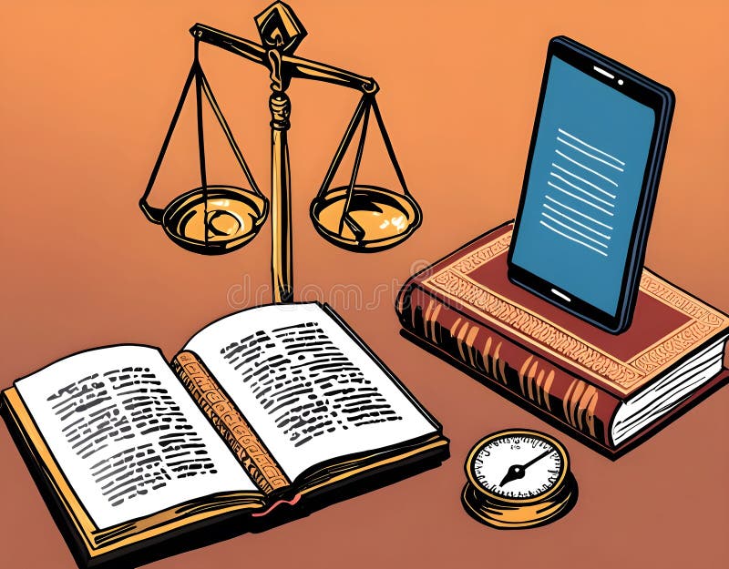 A Book, Tablet, and Scales are on a Table Stock Illustration ...