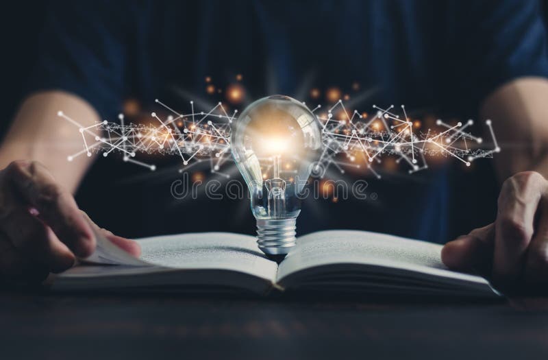 Book or Textbook and Glowing Light Bulb. Self Learning or Education ...