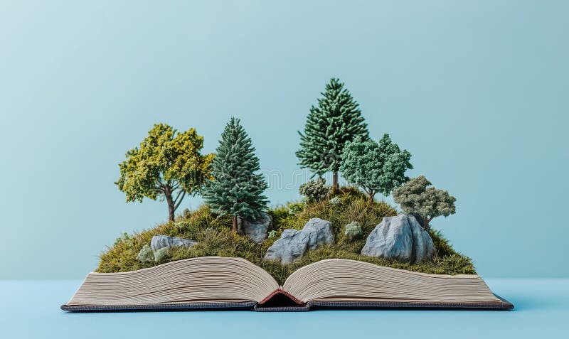 Book Transformed into Miniature Forest Landscape with Trees, Rocks, and ...