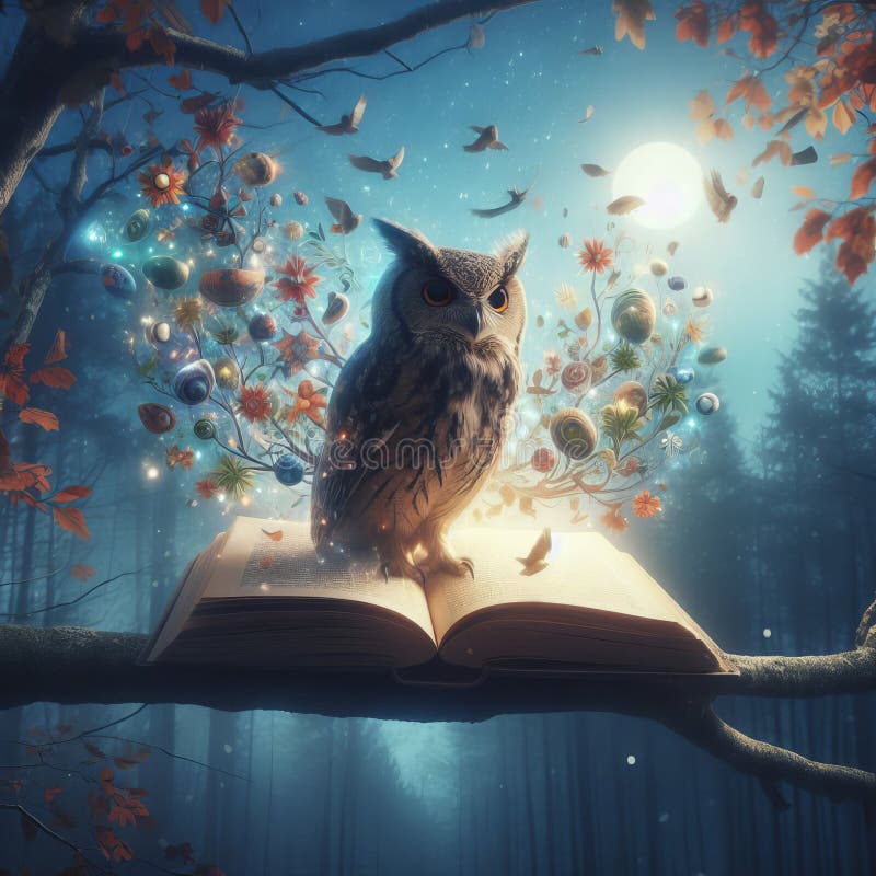 A Book that Transforms into a Wise Owl, Hooting Softly Stock ...