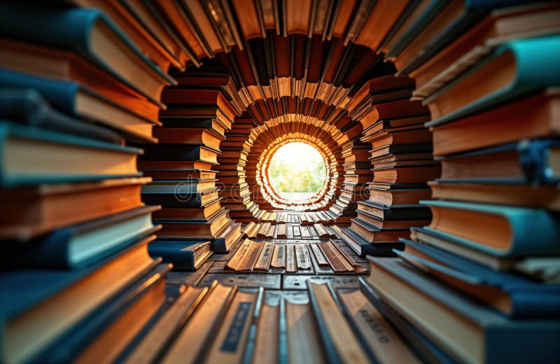 Book Tunnel Leads To Bright Light. Endless Stacks Create Knowledge Path ...