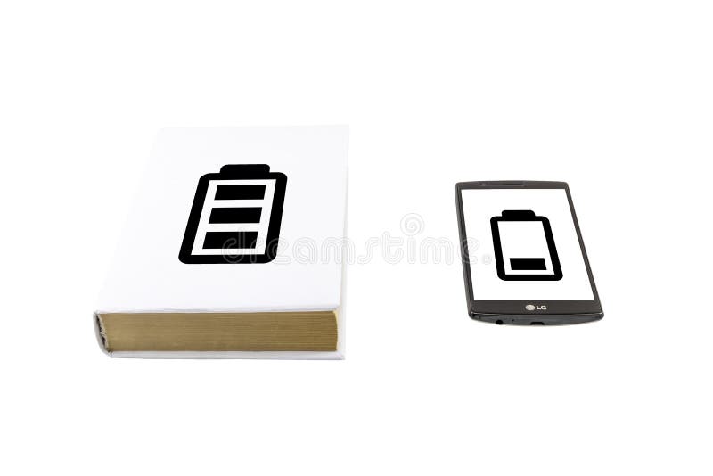 Book Vs Phone. Battery Life Concept. Stock Photo - Image of background ...