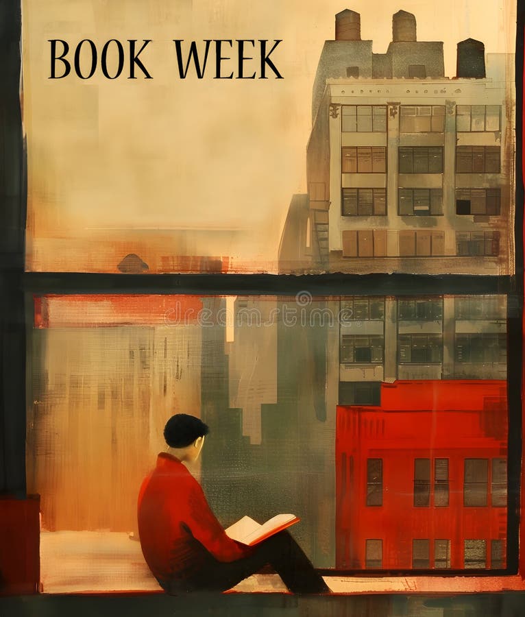 BOOK WEEK Poster with a Man Sitting in a Window Reading a Book Stock ...