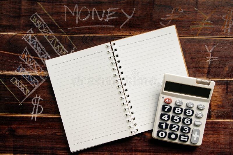 Book White Paper and Calculator on the Table Brown Wood. Stock Photo ...