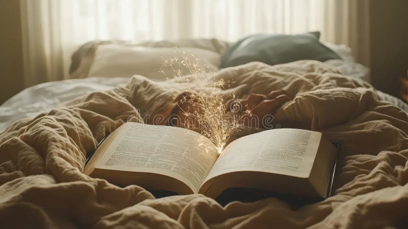 Book of Wonders an Open Book Illuminates a Bed with Sparkling Magic and ...