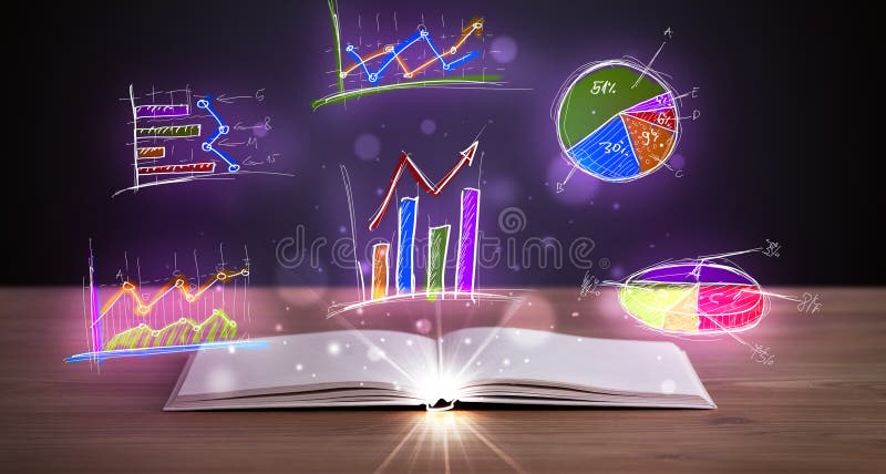Book on Wooden Deck with Glowing Graph Illustrations Stock Photo ...