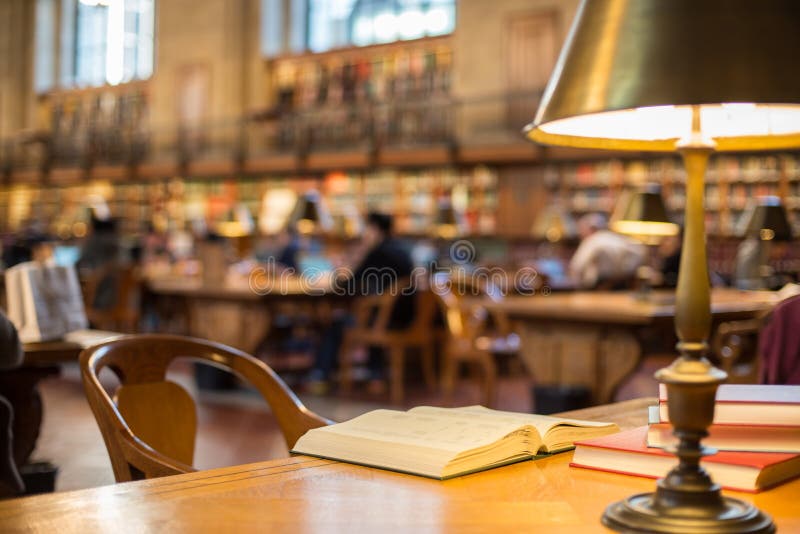 Book on Wooden Table in Reading Room in Library Stock Photo - Image of ...