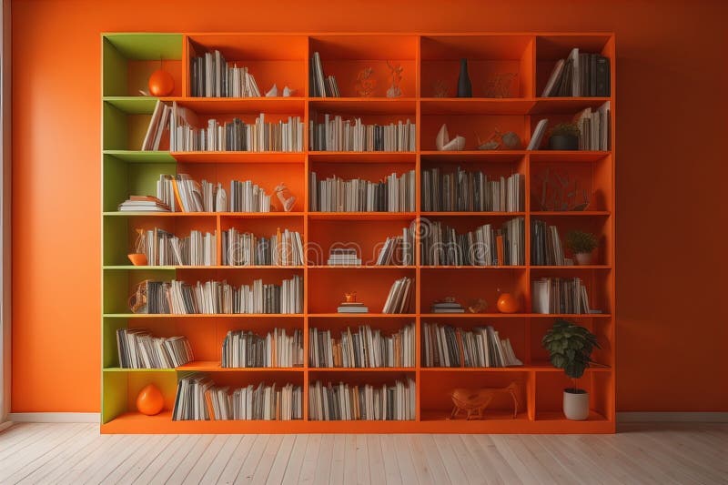 Bookcase with Books and Decorations in Orange Room. Generative Ai Stock ...