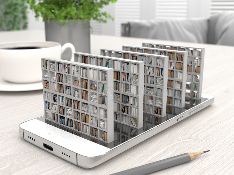 Bookcase with Books on a Smartphone Screen on a Desktop. Electronic ...