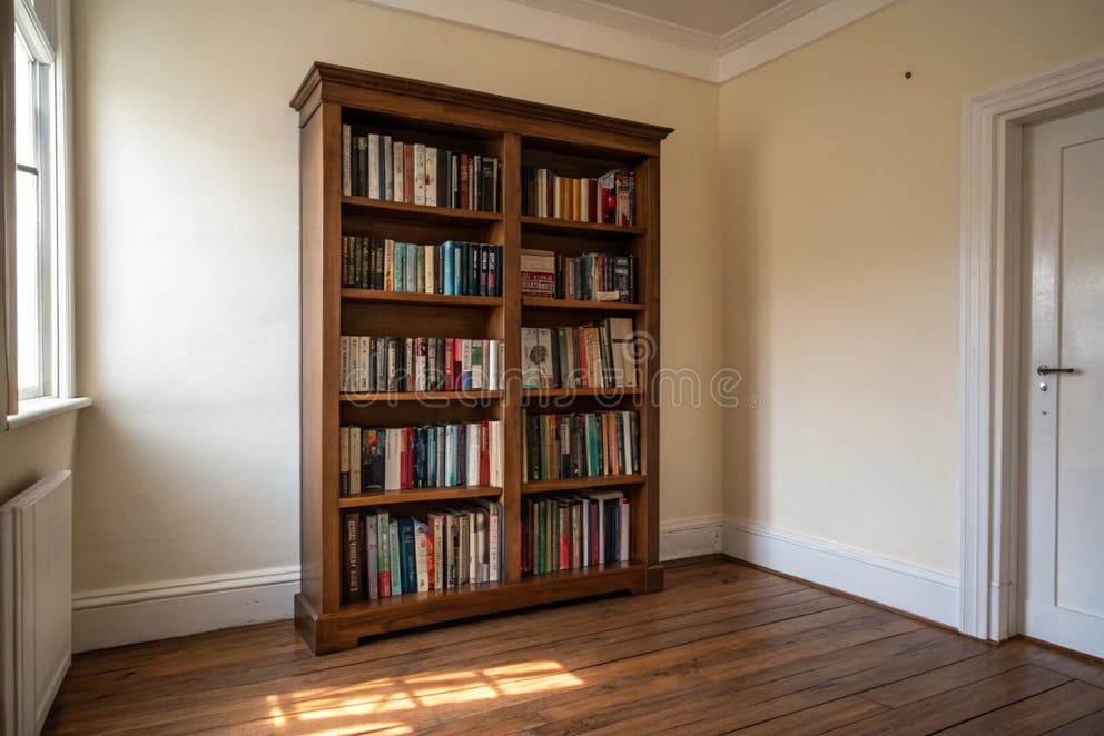 Bookcase in empty room stock illustration. Illustration of wooden ...