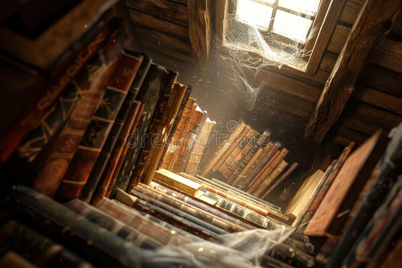 A Bookcase Filled with Books, with a Spider Web in the Window with ...