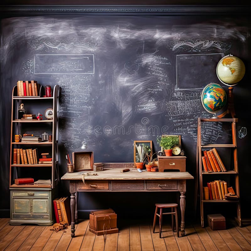 A Bookcase with an Open Book in Front of a School Chalkboard. Stock ...