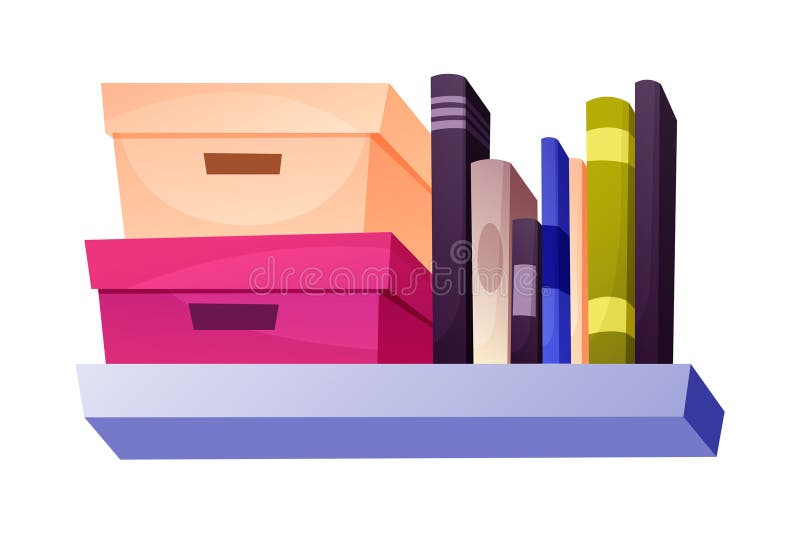 Bookcase Shelf with Stack of Colorful Books and Boxes. Vector Isolated ...