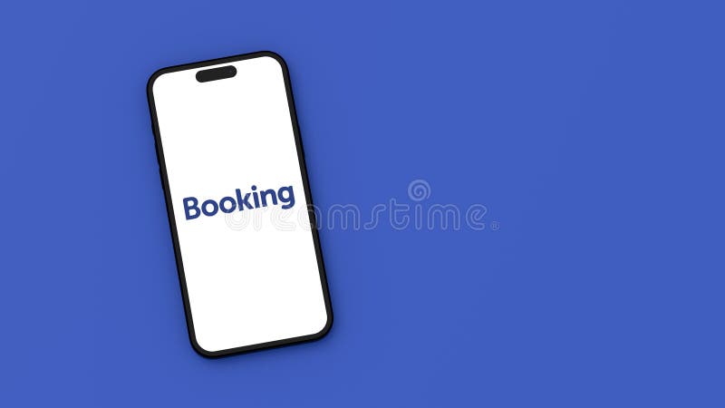Booking Logo on Mobile Phone Screen on Blue Background with Copy Space ...