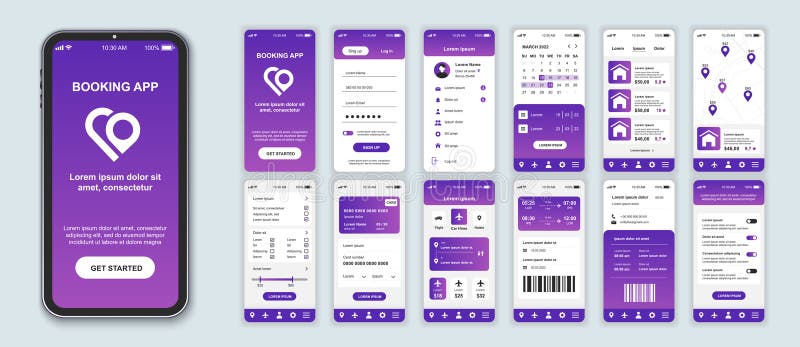 Booking Mobile App Interface Screens Template Set. Vector Design. Stock ...