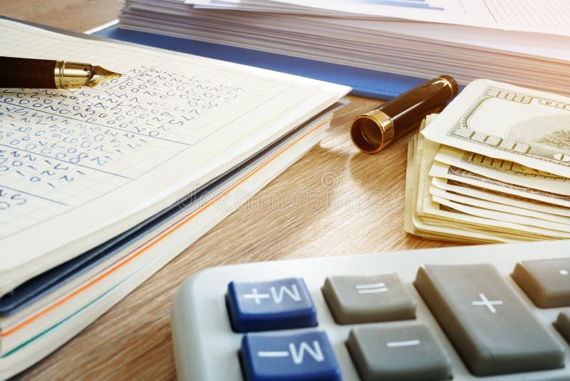 Bookkeeping Documents, Calculator and Money in an Office. Stock Image ...