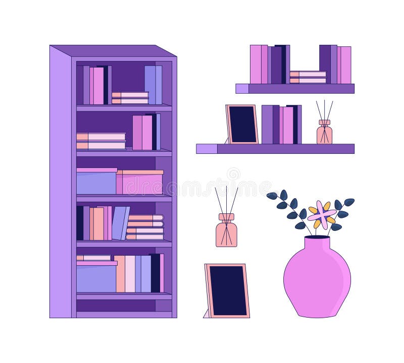 Booklover Cozy Furniture 2D Linear Cartoon Objects Set Stock Vector ...