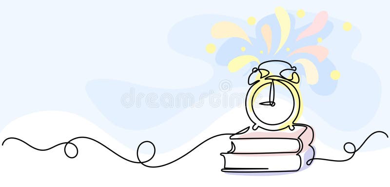 Books and Alarm Clock in Wavy Line Frame. Education and Study Learning ...
