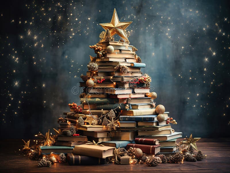 Books Arranged in the Shape of a Christmas Tree Stock Illustration ...