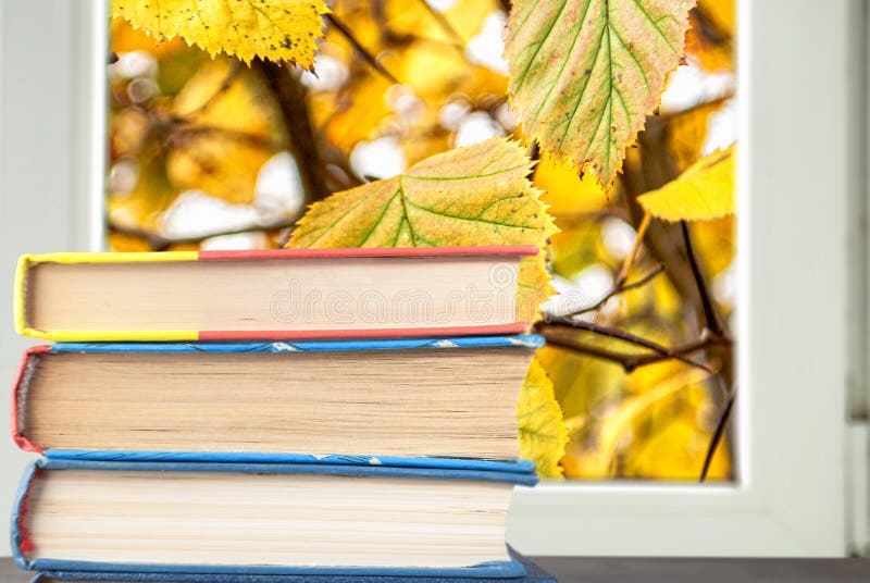 Books on the Background of Autumn Yellow Leaves Behind the Window Frame ...
