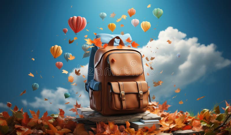 Books with Backpack Over the Sky and Some Falling Leaves Stock Photo ...