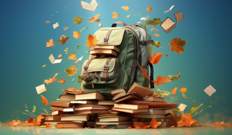 Books with Backpack Over the Sky and Some Falling Leaves Stock Photo ...