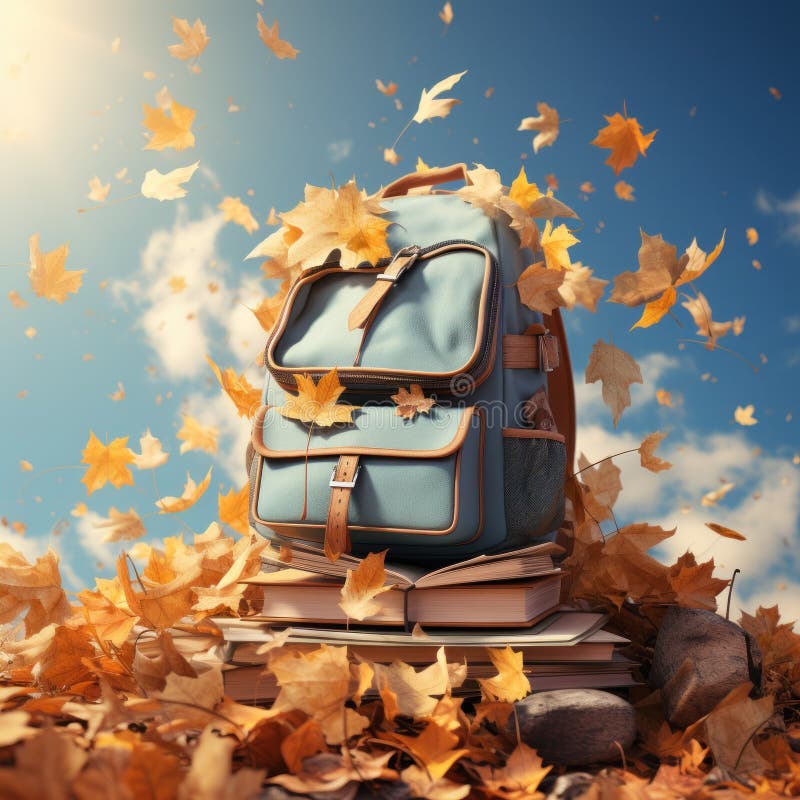 Books with Backpack Over the Sky and Some Falling Leaves Stock Photo ...