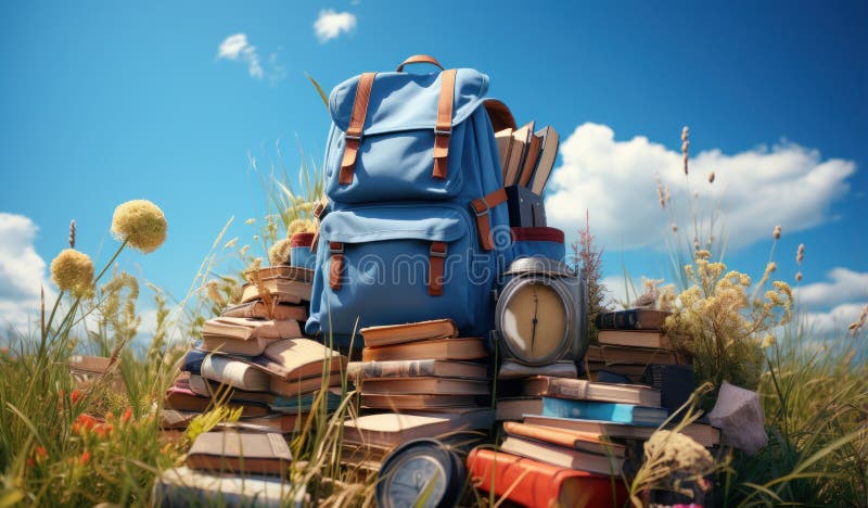 Books with Backpack Over the Sky and Some Falling Leaves Stock Photo ...