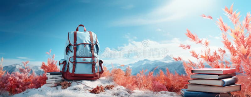 Books with Backpack Over the Sky and Some Falling Leaves Stock Image ...