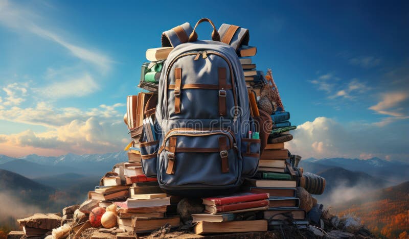 Books with Backpack Over the Sky and Some Falling Leaves Stock Image ...
