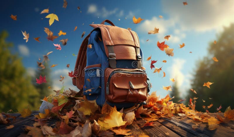 Books with Backpack Over the Sky and Some Falling Leaves Stock Image ...
