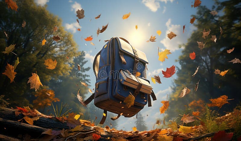 Books with Backpack Over the Sky and Some Falling Leaves Stock Image ...
