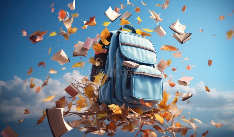 Books with Backpack Over the Sky and Some Falling Leaves Stock Photo ...