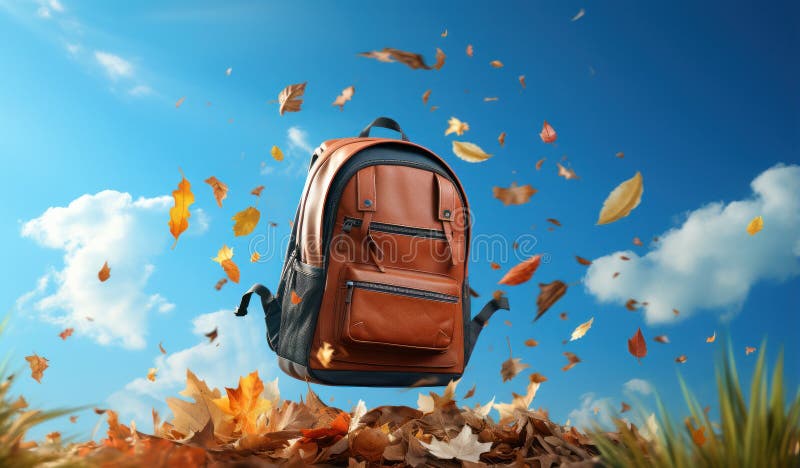 Books with Backpack Over the Sky and Some Falling Leaves Stock Photo ...