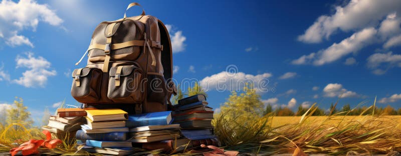 Books with Backpack Over the Sky and Some Falling Leaves Stock Photo ...