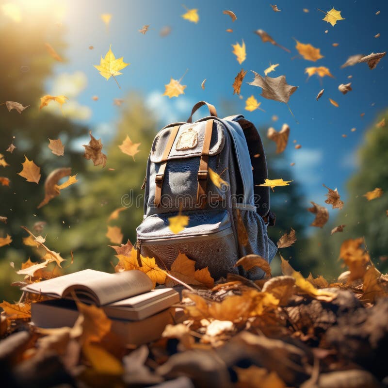Books with Backpack Over the Sky and Some Falling Leaves Stock Image ...