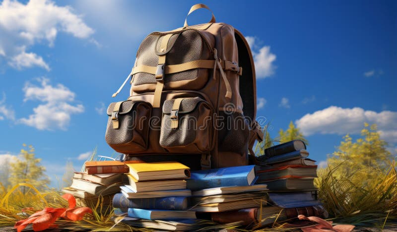 Books with Backpack Over the Sky and Some Falling Leaves Stock Image ...