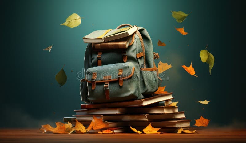 Books with Backpack Over the Sky and Some Falling Leaves Stock Photo ...