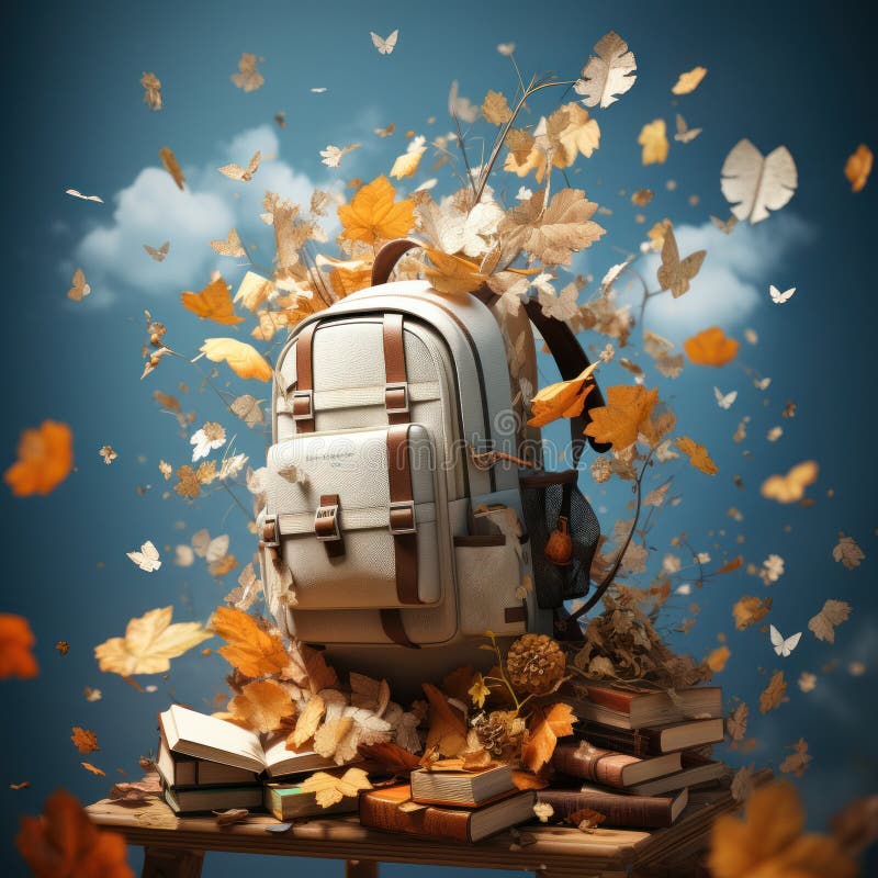 Books with Backpack Over the Sky and Some Falling Leaves Stock Image ...