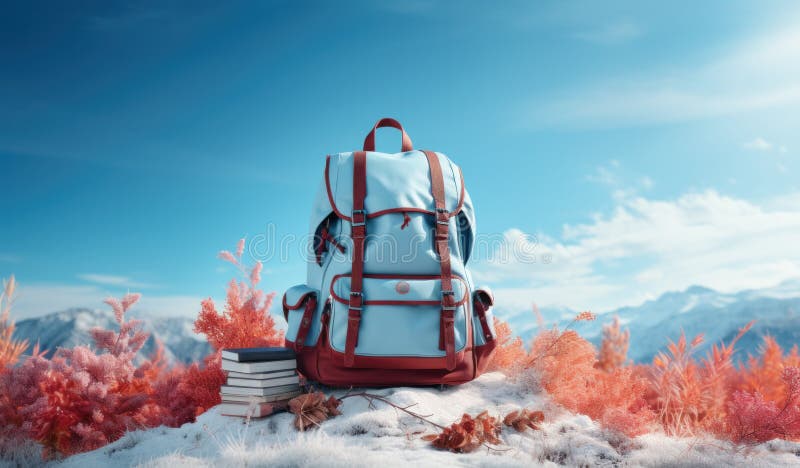 Books with Backpack Over the Sky and Some Falling Leaves Stock Photo ...