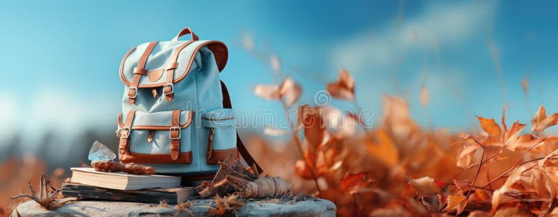 Books with Backpack Over the Sky and Some Falling Leaves Stock Photo ...