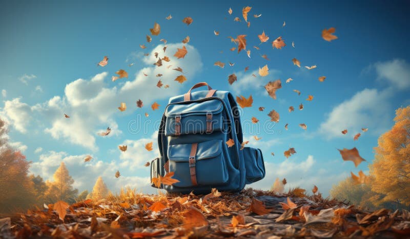 Books with Backpack Over the Sky and Some Falling Leaves Stock Photo ...